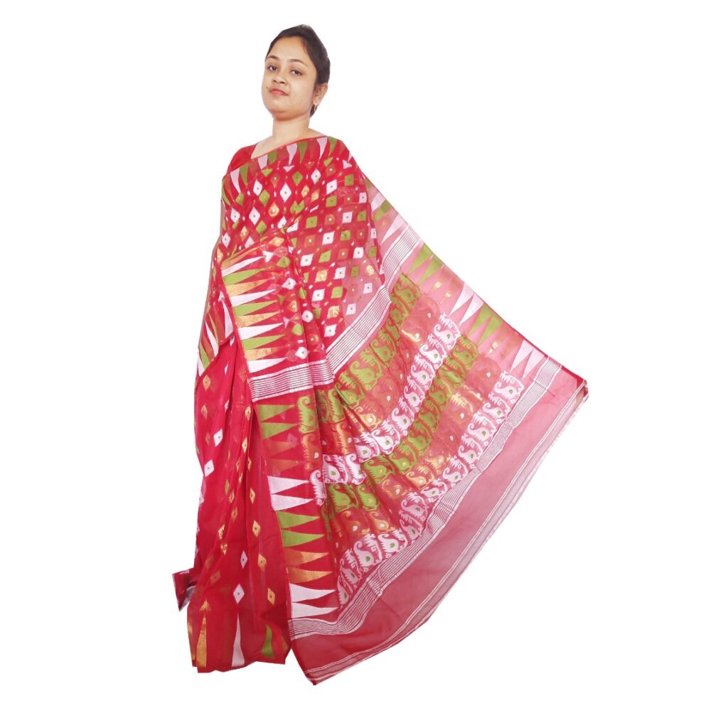 Buy Fulia Handwoven Off White and Red Jamdani Saree