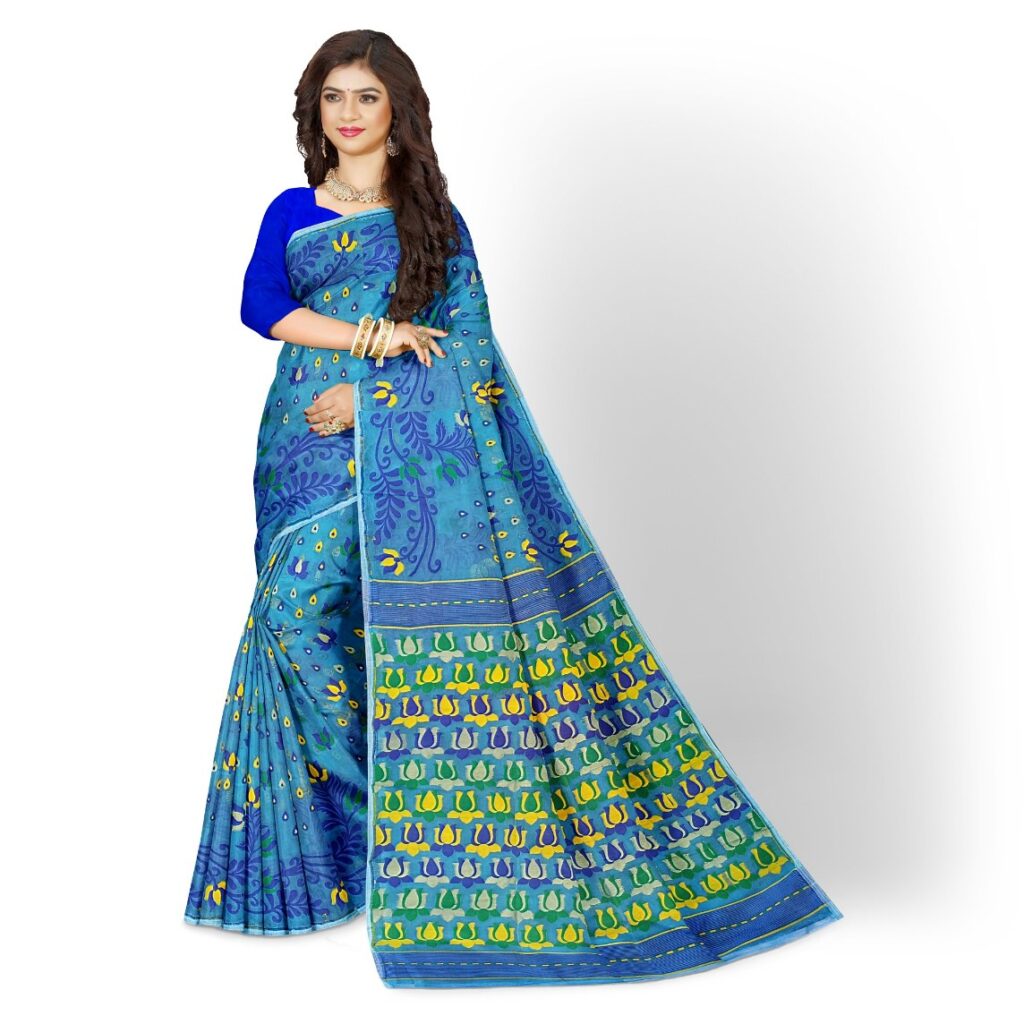 Buy Bengali Blue Tant Dhakai Jamdani Saree