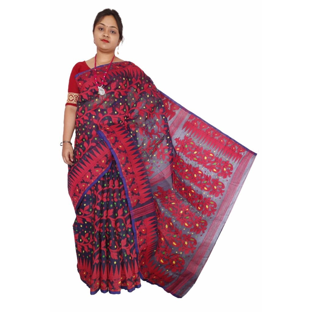 Buy New Handwoven Yellow Red Jamdani Saree (All Over)