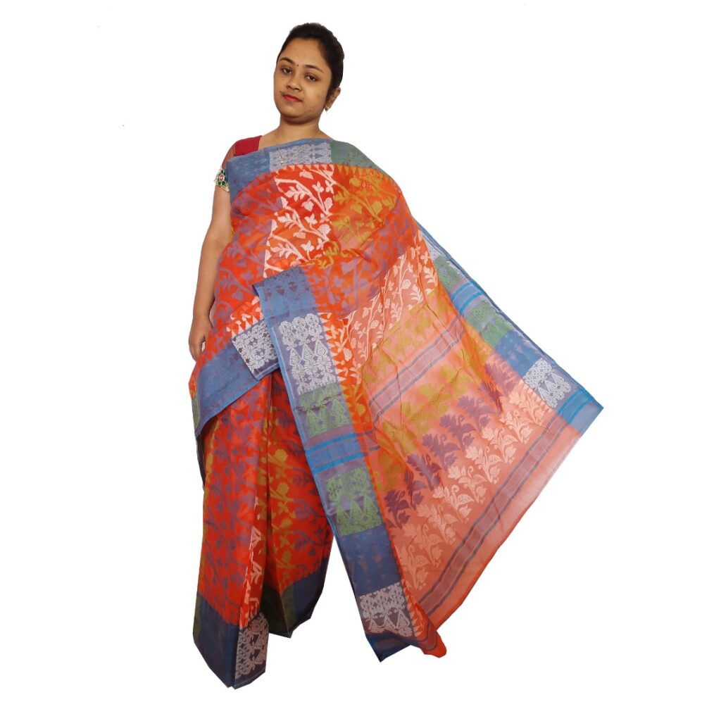 Buy Handwoven Navy Blue Dhakai Jamdani Saree (All Over)