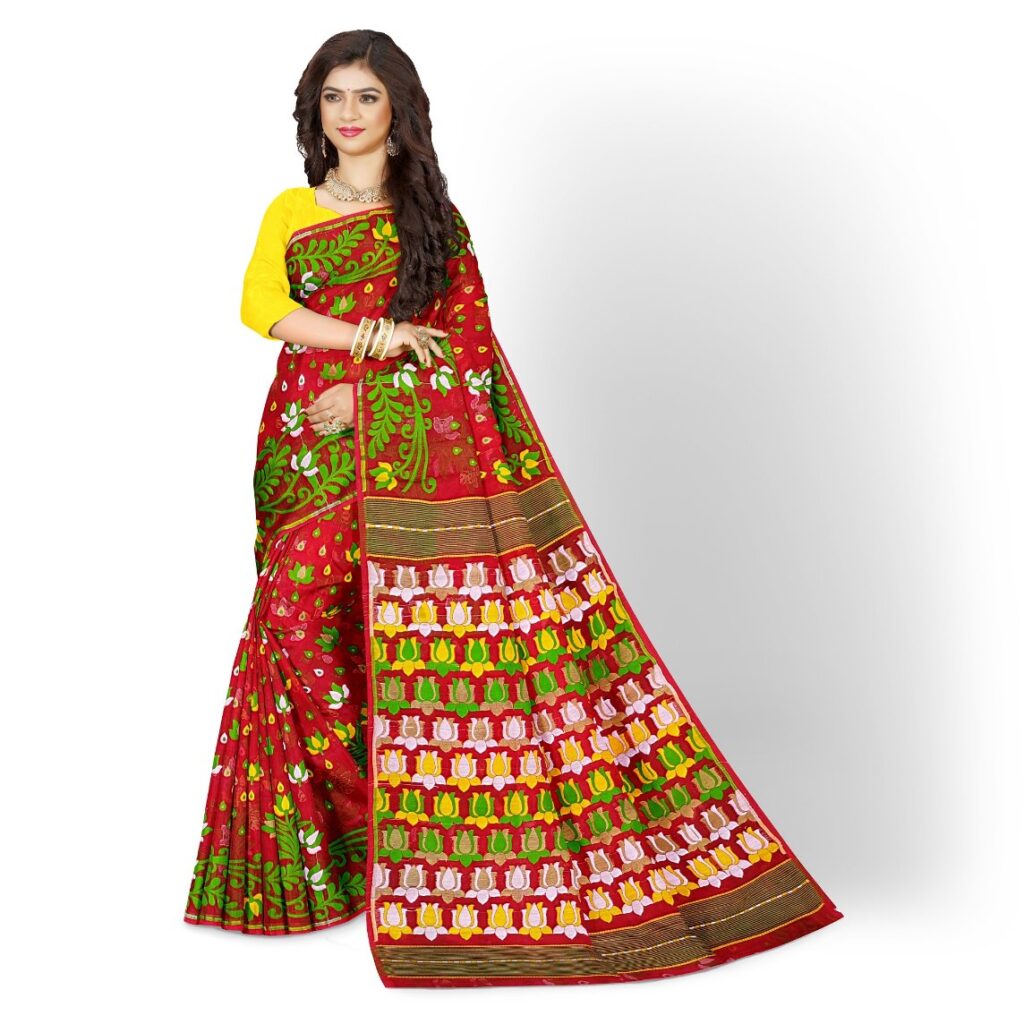 Buy Self Work Green Fulia Dhakai Jamdani Saree