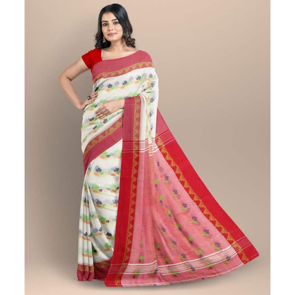 Buy White with Red Pure Cotton Saree (Bengal Special)