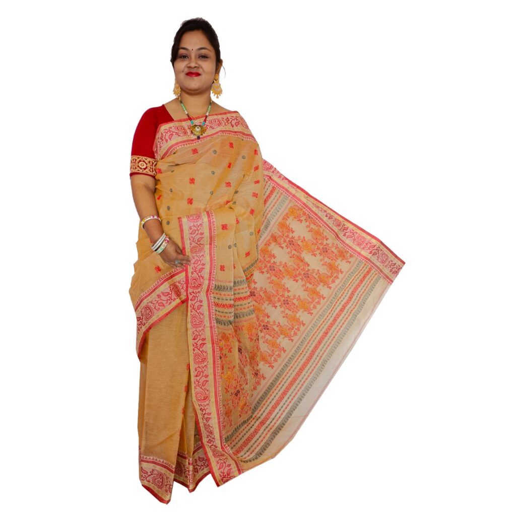 Buy White & Red Baluchari Pure Cotton Tant Saree (Silk Par)