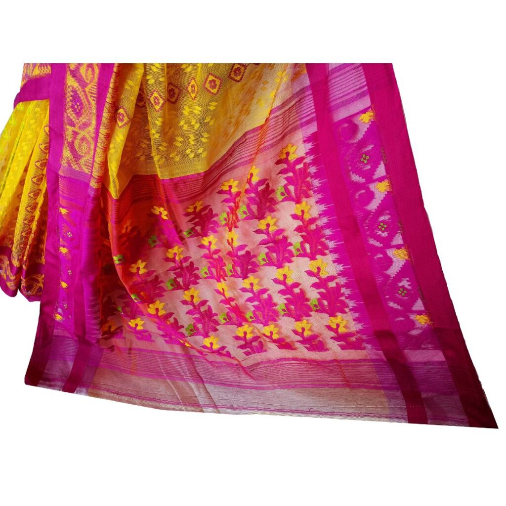 Buy Haldi Yellow Cotton Jamdani Saree with Pink Border