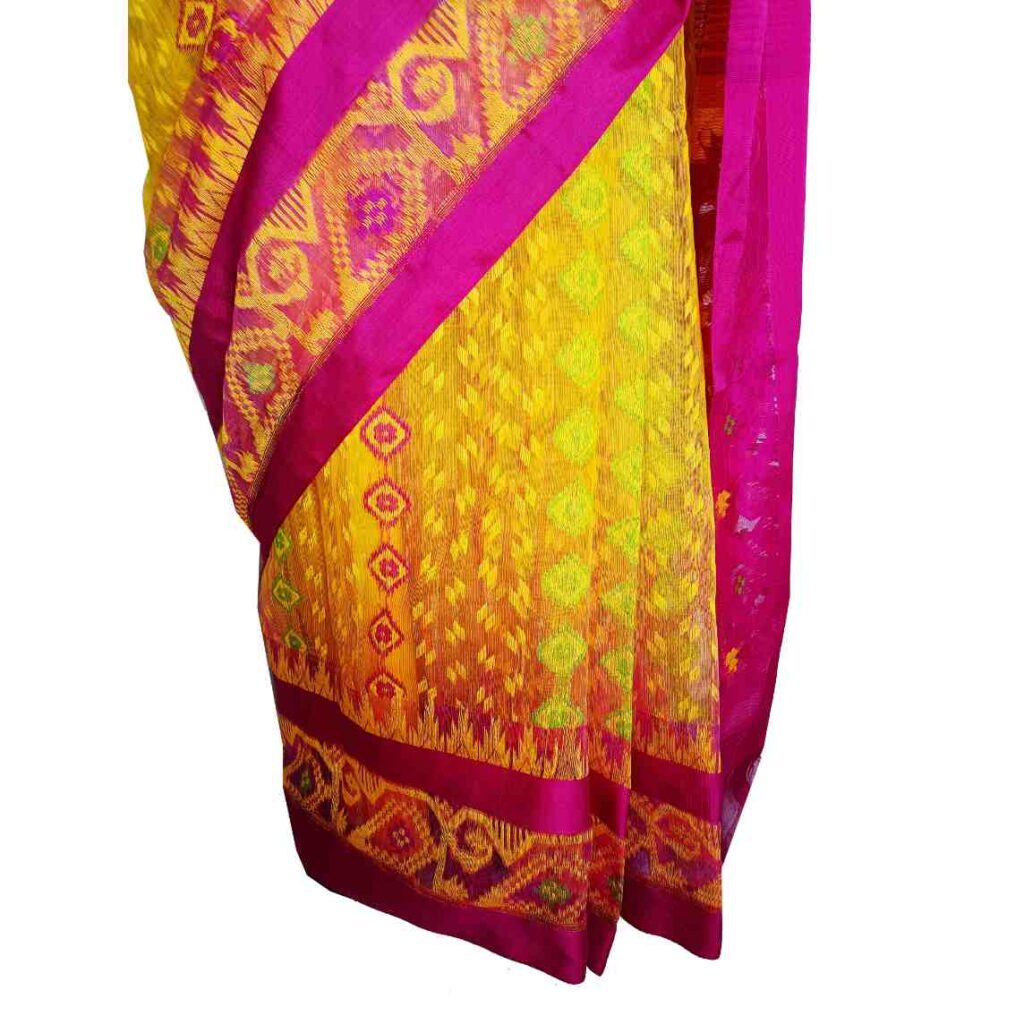 Buy Haldi Yellow Cotton Jamdani Saree with Pink Border
