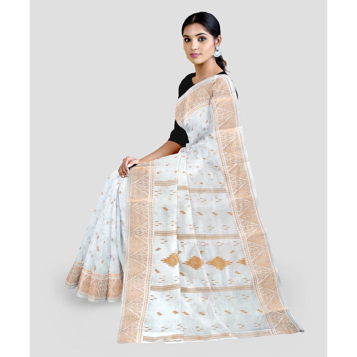 Buy Cotton White Floral Print Saree with Silk Border
