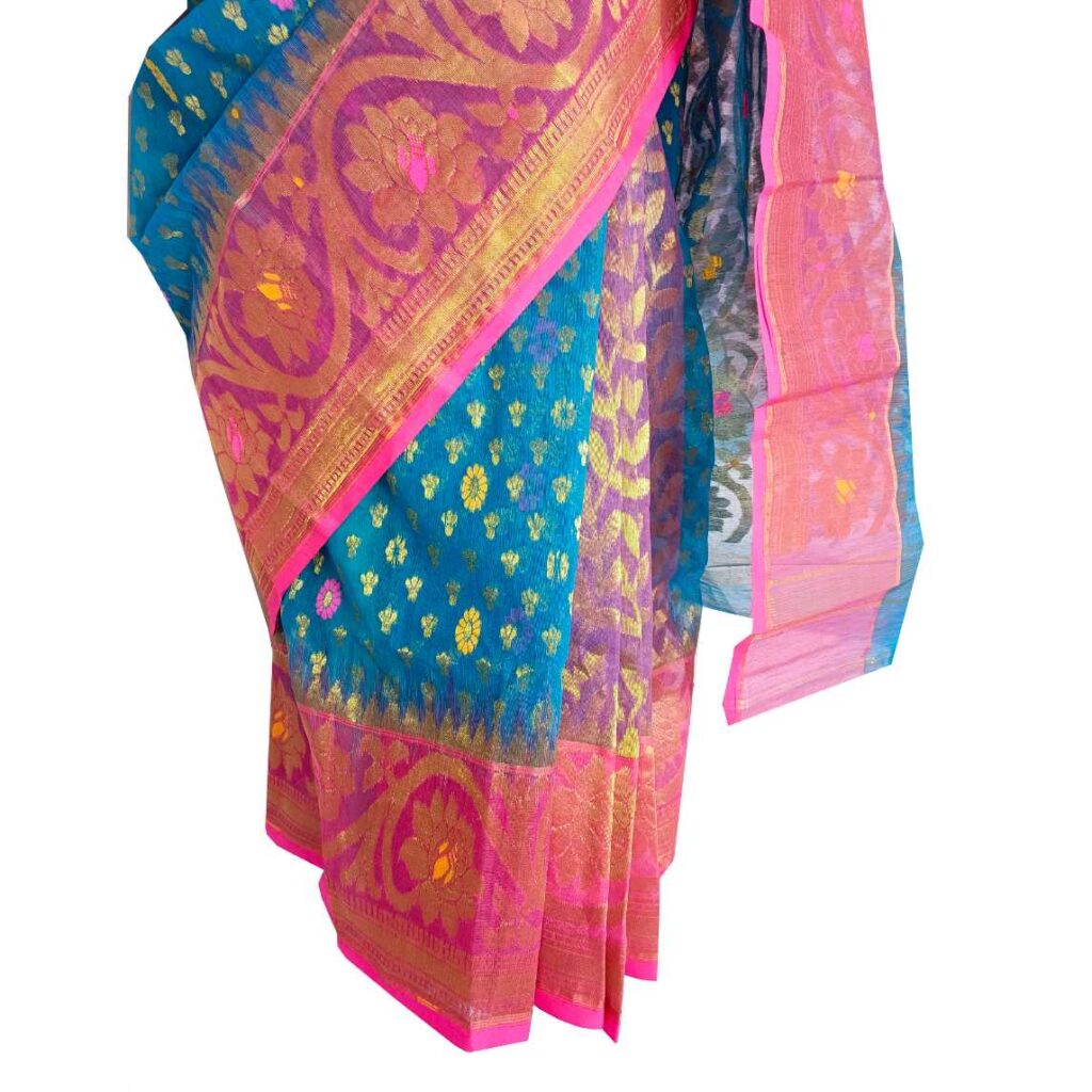 Buy Blue Pure Resham Silk Jamdani Saree with Pink Border
