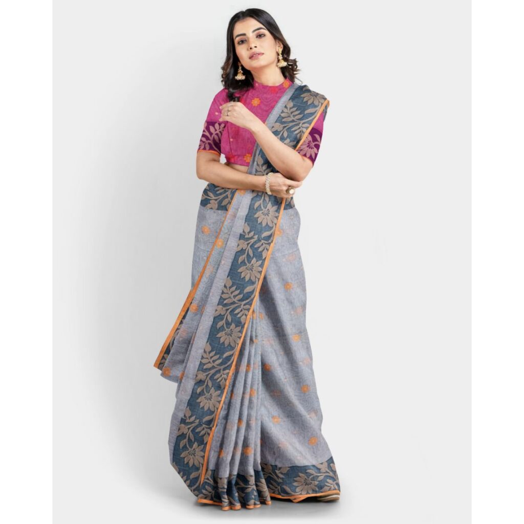 Buy Light Grey Tissue Silk Bengali Handloom Saree