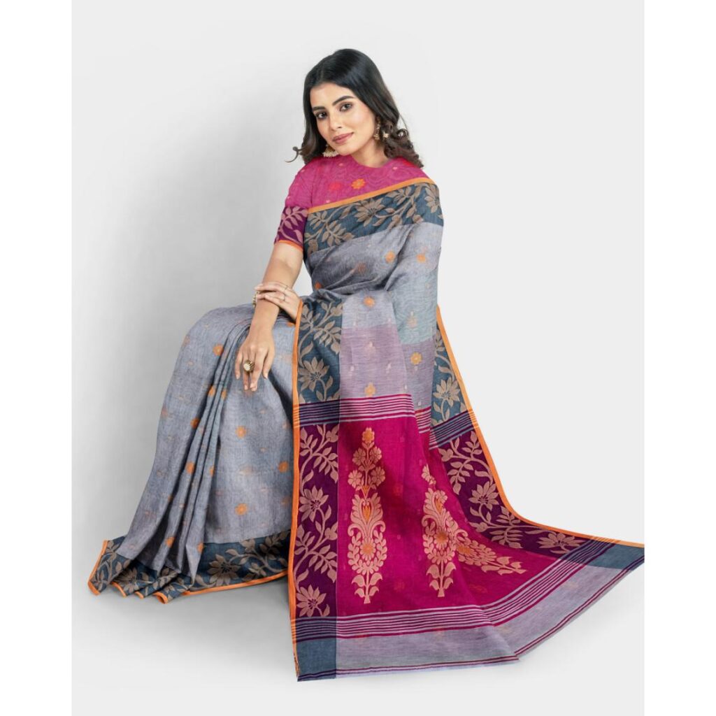 Buy Light Grey Tissue Silk Bengali Handloom Saree